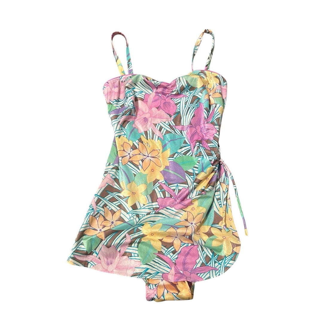 Vintage Pastel Floral Skirted Swimsuit One Piece Bathing Suit / Size ...