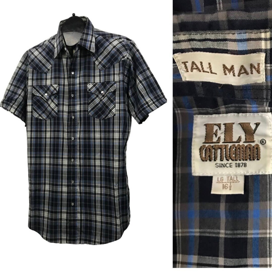 1970s Blue Plaid Western Cowboy Button Down Shirt S/S Men’s Large Tall ...