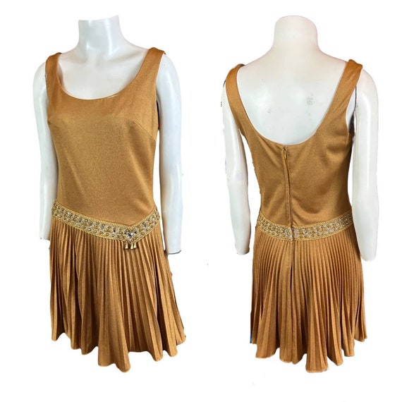 1960s Mod Bronze Drop Waist Pleated Dress Flapper Thr… - Gem