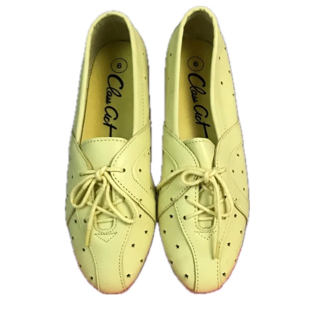 Deadstock 1980s Yellow Leather Star Cutout Flats Lace up Shoes / Women ...