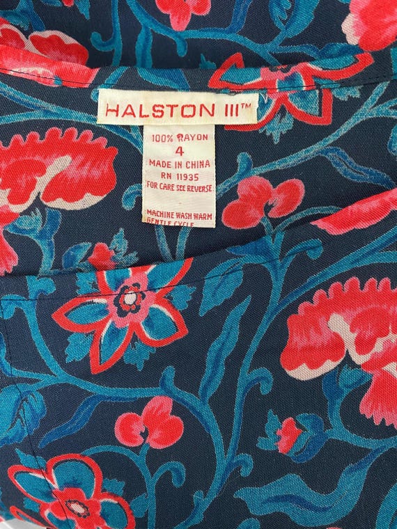 1980s Halston Teal and Pink Rose Print Blouse / Women… - Gem