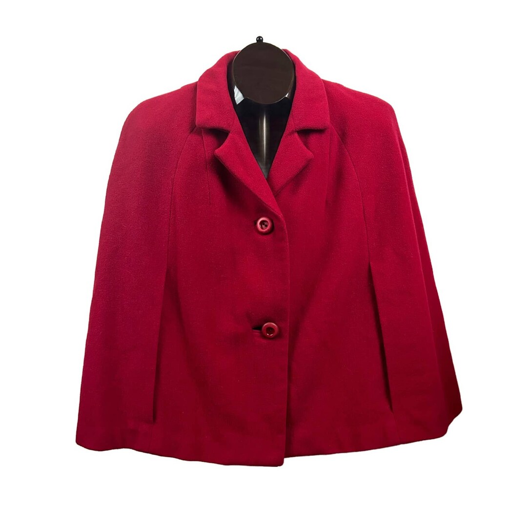 1960s Mod Deep Red Button up Cape Capelet Coat Wool Blend / Womens ...