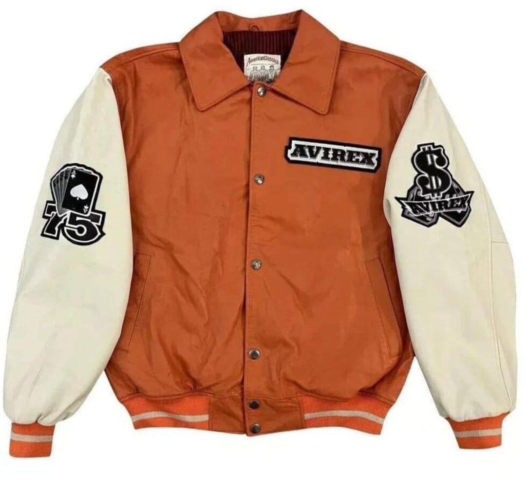 Avirex Men's Hi-rollers Leather Varsity Jacket Cowhide Motorcycle ...