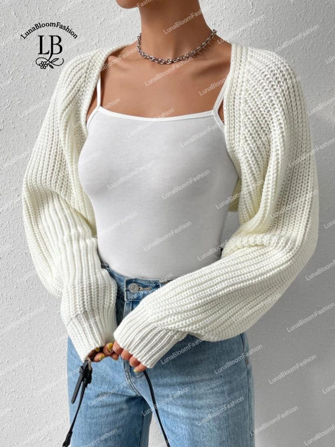 Cropped Knit Cardigan Sweater, Open Front Ribbed Shrug, Acrylic Blend ...