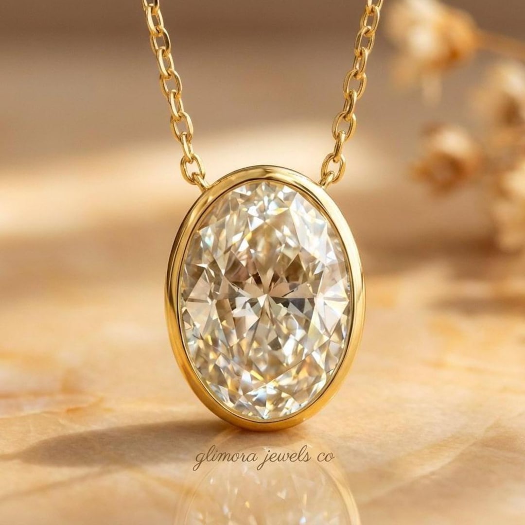 Oval Moissanite Pendant Necklace, Gold Overlay Sterling Silver Bridal ...