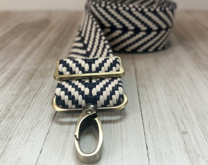 Adjustable Bag Strap, Navy Blue and White Chevron Pattern, Cotton ...
