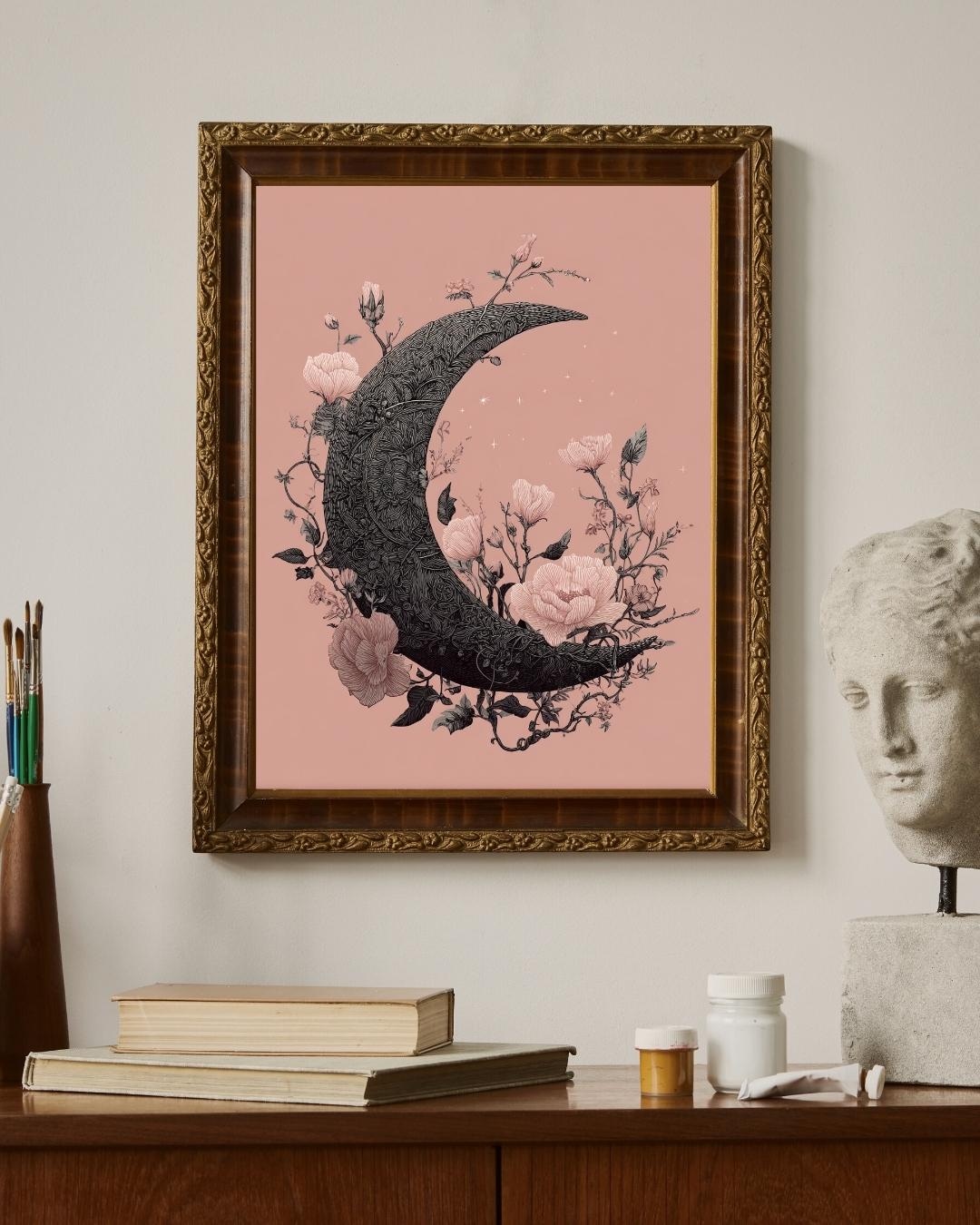 Floral Crescent Moon Art Print, Gothic Celestial Illustration, Fine ...