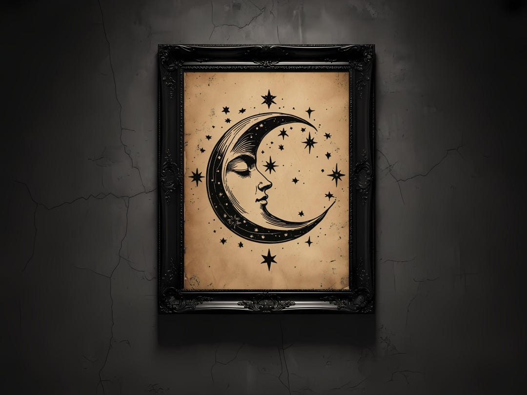 Vintage Crescent Moon Print, Whimsigoth Decor, Celestial Wall Art ...