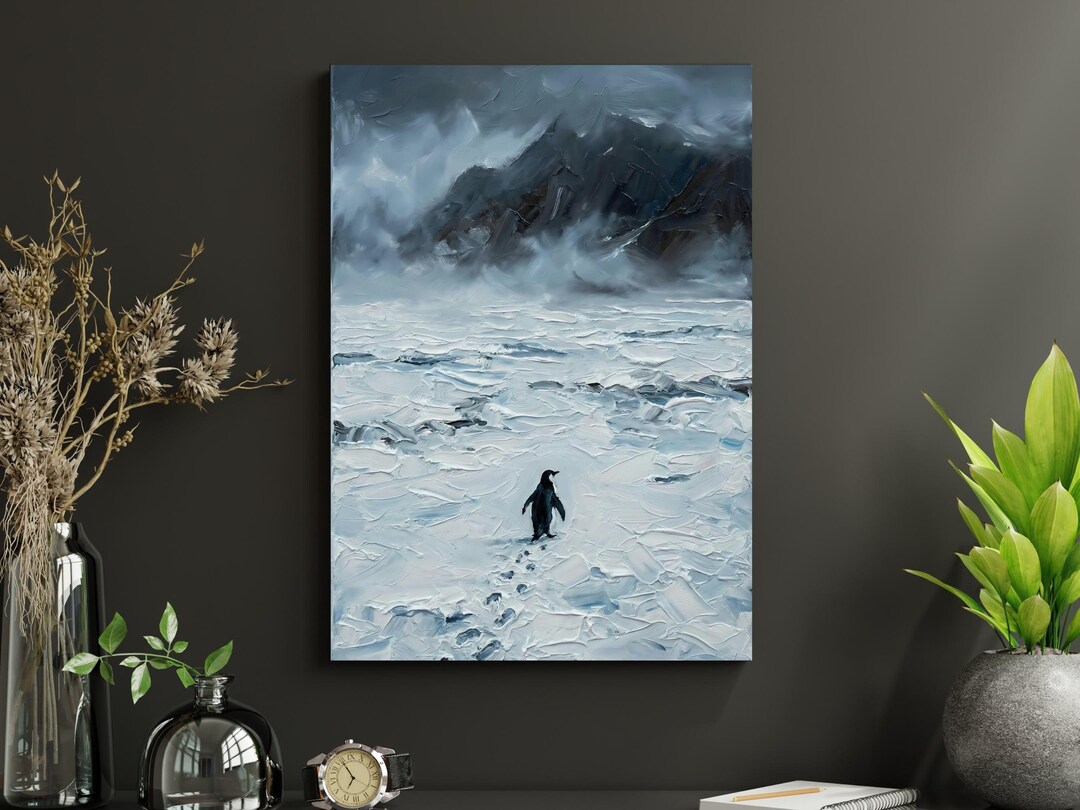 Lone Penguin Existential Wall Art | Impasto Oil Painting Individualism ...