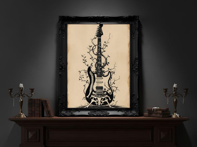 Gothic Electric Guitar Print, Skeleton Anatomy Art, Heavy Metal Music ...