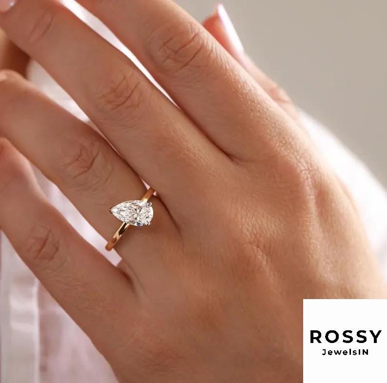 Simple Pear Shaped Lab Diamond Engagement Ring, Solid Gold Solitaire ...
