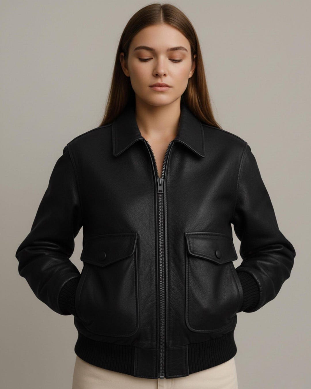 Black Leather Bomber Jacket Women Ribbed Cuff Collar Flap Pockets ...