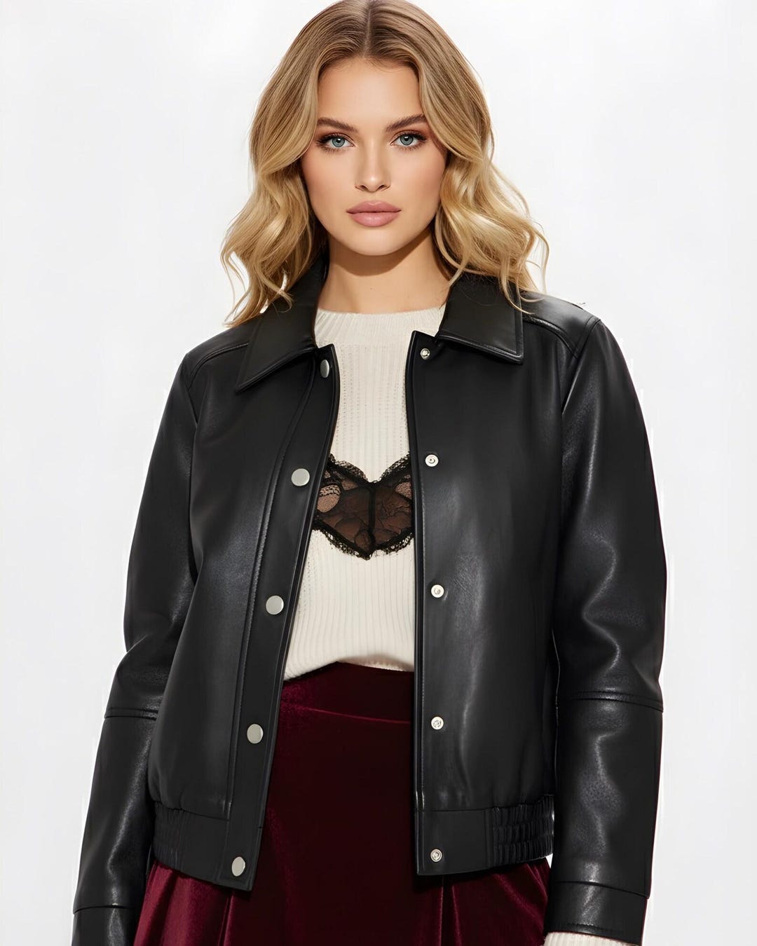 Black Leather Bomber Jacket Women Button Front Ribbed Cuff Collar ...