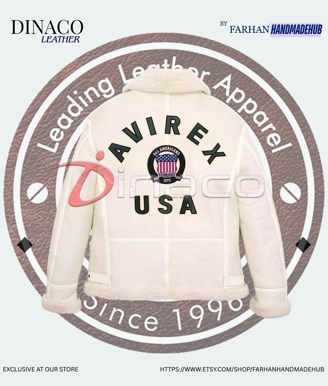 Avirex USA White Shearling Jacket Handmade Sheepskin Leather Bomber ...