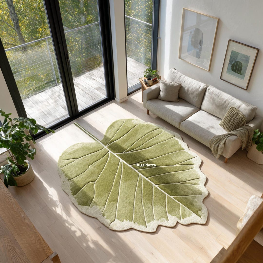 Monstera Leaf Shape Rug for Living Room | Green Botanical Hand Tufted ...