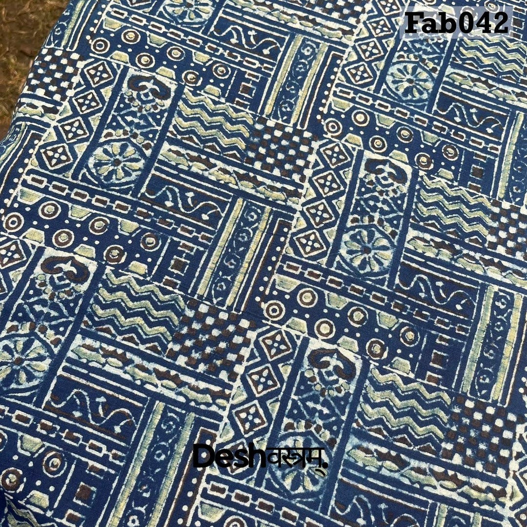 Hand Block Printed Ajrakh Cotton Fabric | Geometric Kutch Print | 100% ...