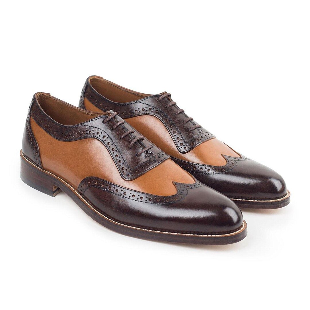 Handmade Genuine Tobacco & Black Leather Stylish Wing Tip Lace up ...