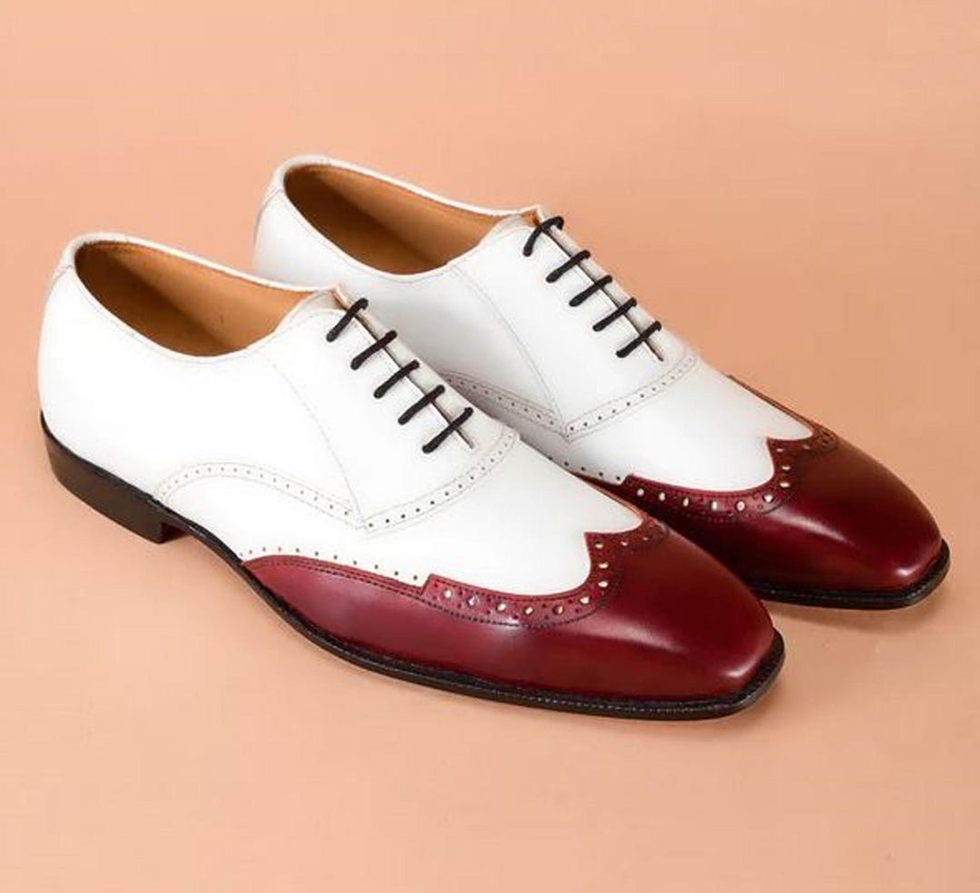 Handmade Genuine White & Burgundy Color Leather Stylish Wing Tip Lace ...
