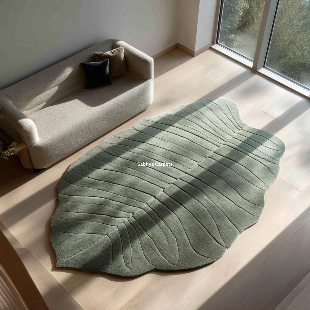 Leaf Rug | Botanical Green Modern Area Carpet for Living Room & Bedroom ...