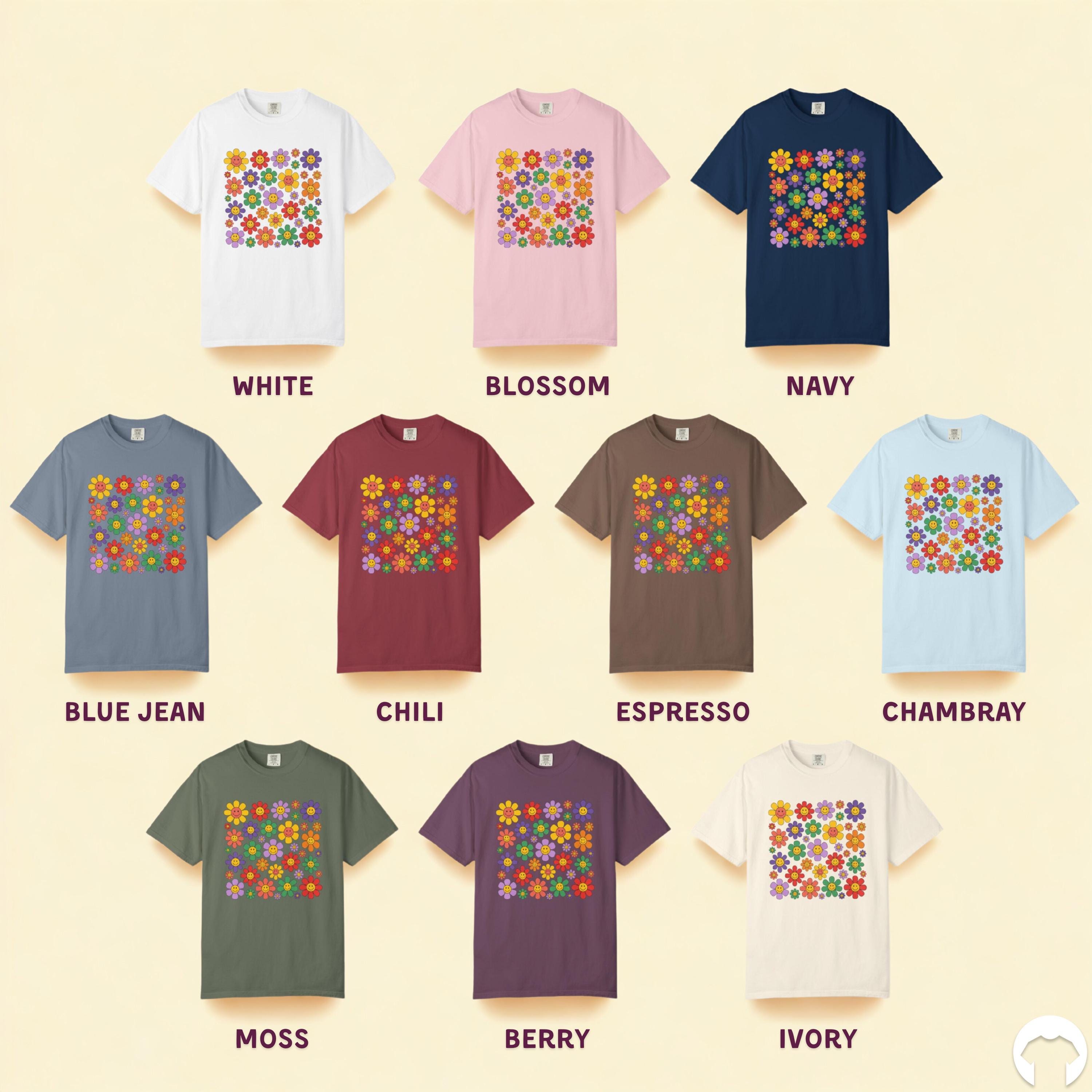 Smiley Flower T Shirt, Retro Flower Tee, Colorful Floral Top, Cute ...