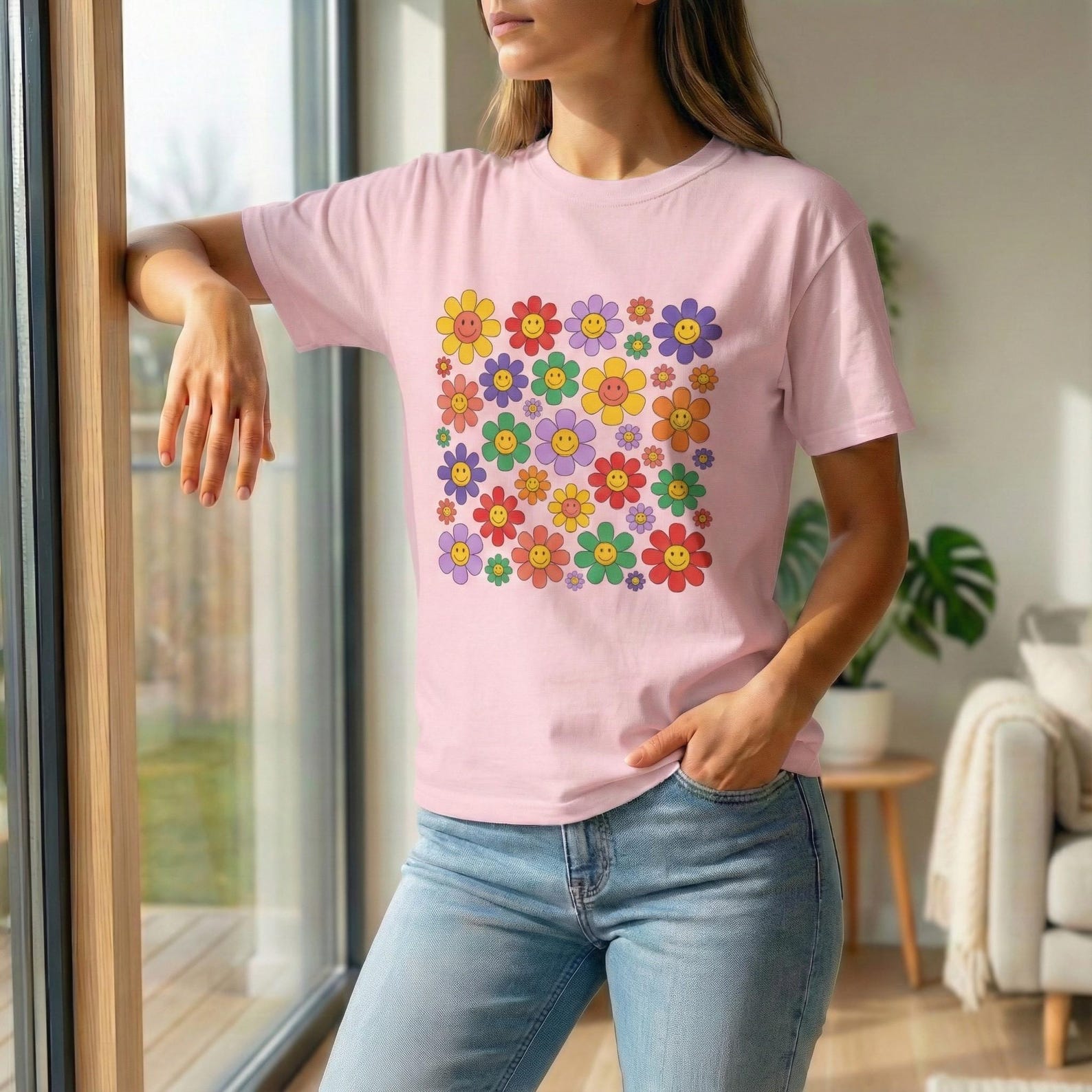 Smiley Flower T Shirt, Retro Flower Tee, Colorful Floral Top, Cute ...