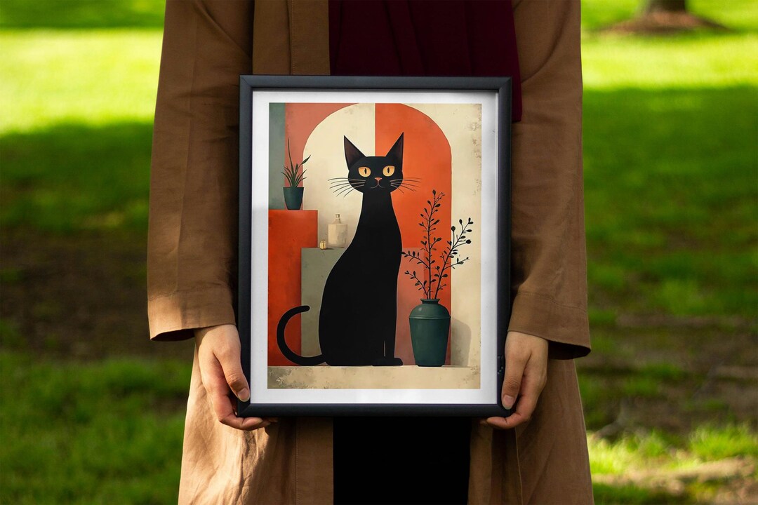 Black Cat Modern Art Print | Minimalist Feline Illustration | Mid ...