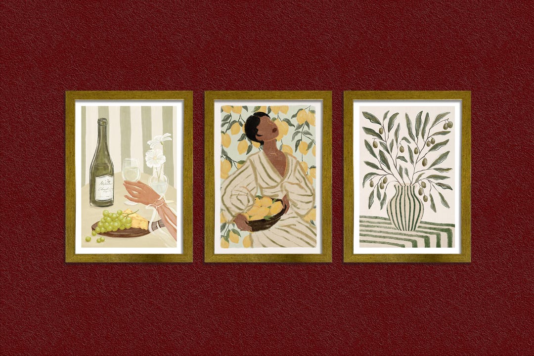 Modern Kitchen Art Set - Set of 3 Framed Prints Featuring Time for Wine ...