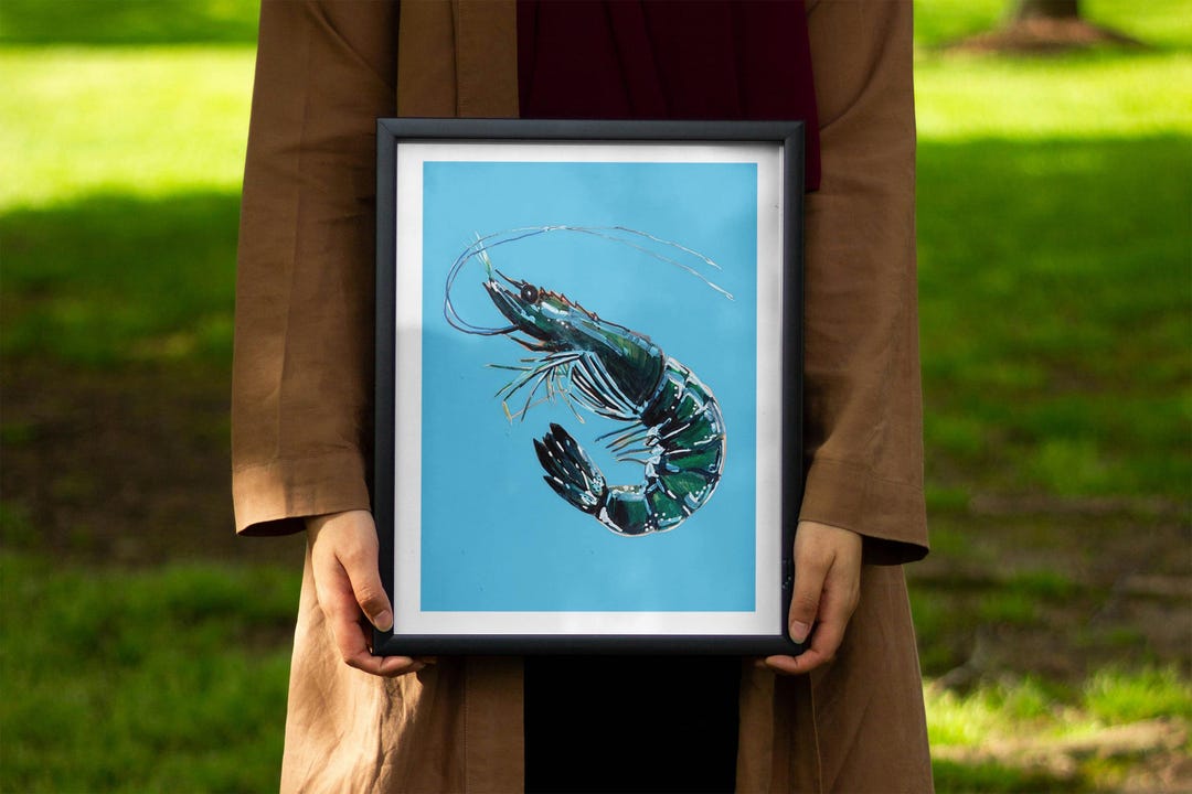 Blue Prawn Watercolor Print | Shellfish Kitchen Wall Art | Modern ...