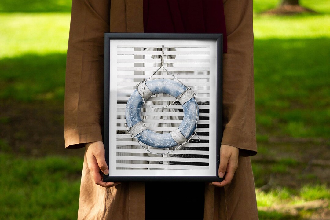 Framed Blue Lifebuoy Wall Art Coastal Nautical Modern Photography ...