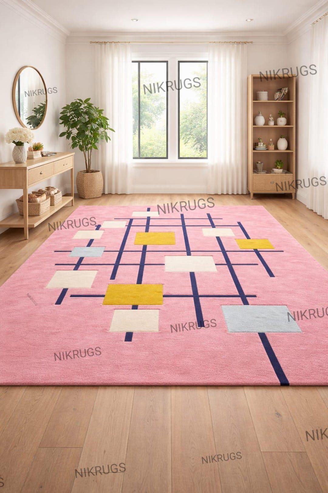 Handmade Pink Abstract Rug, Modern Geometric Area Rug for Bedroom ...