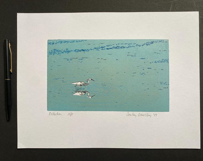 Egret, Lino Print, Reduction Print, Limited Edition, Reflection, Nature ...