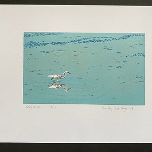 Egret, Lino Print, Reduction Print, Limited Edition, Reflection, Nature ...