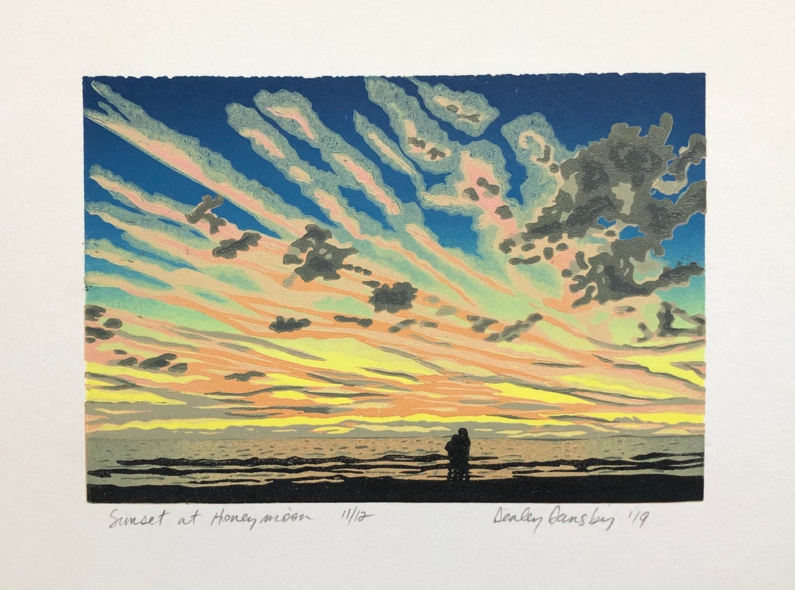 Sunset at the Beach Reduction Print Lino Print Landscape - Etsy