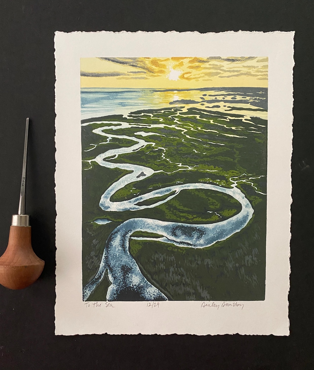 To the Sea, Limited Edition Reduction Lino Print, Sunset, Water ...