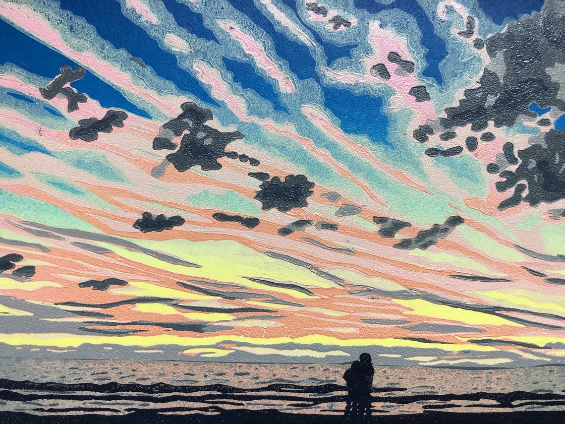 Sunset at the Beach, Reduction Print, Lino Print, Landscape, Seashore ...