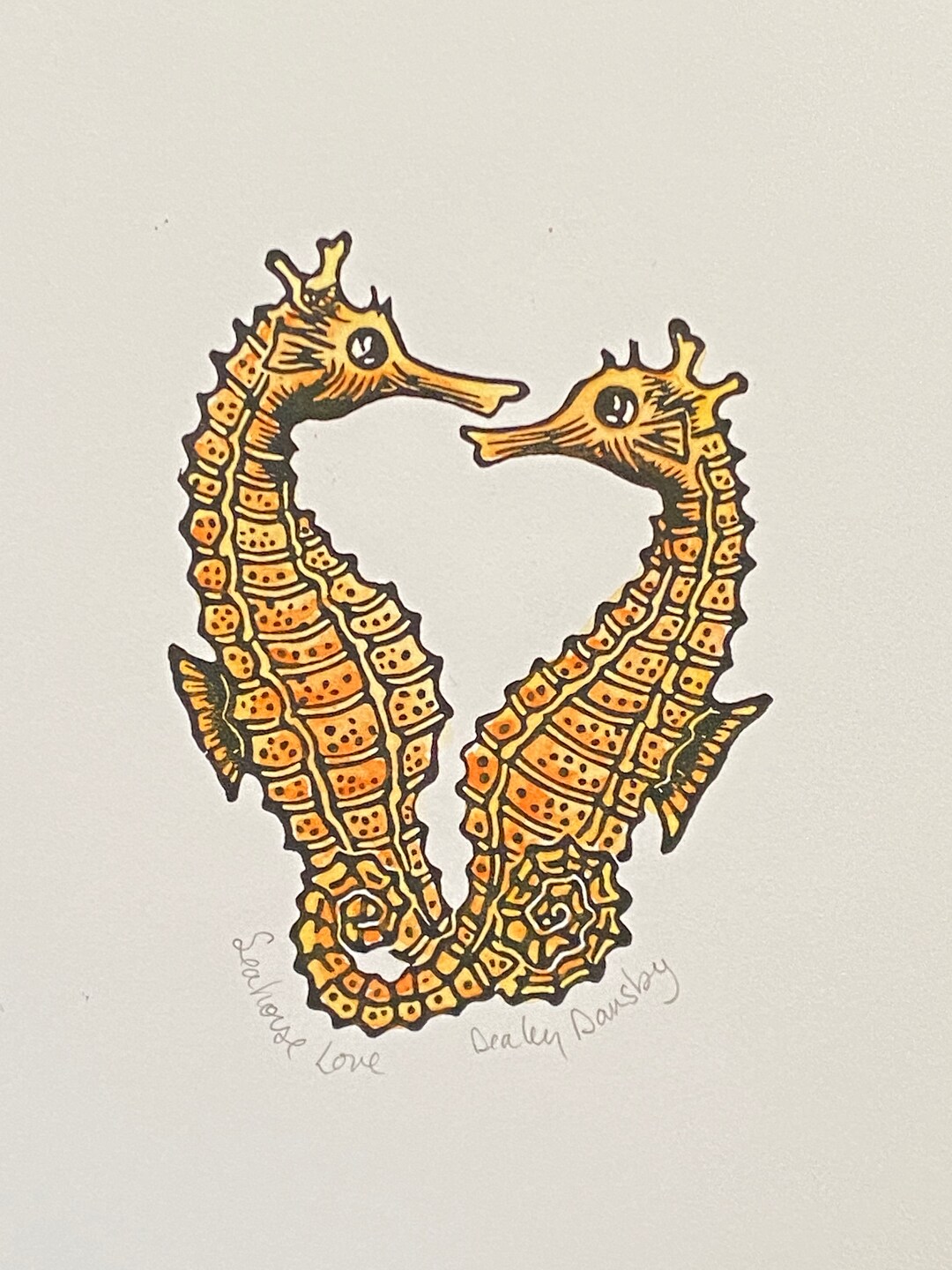 Seahorse Love, Lino Block Print, Hand Colored - Etsy