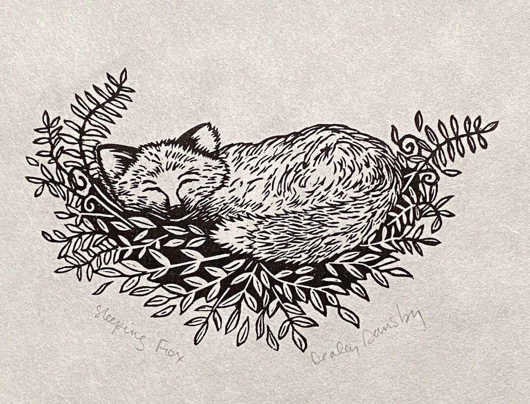 Sleeping Fox, Lino Print - Etsy