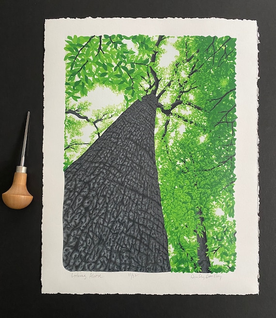 Reduction Print Trees Allotment Ash 60x60cm Green Hand Printed Tree
