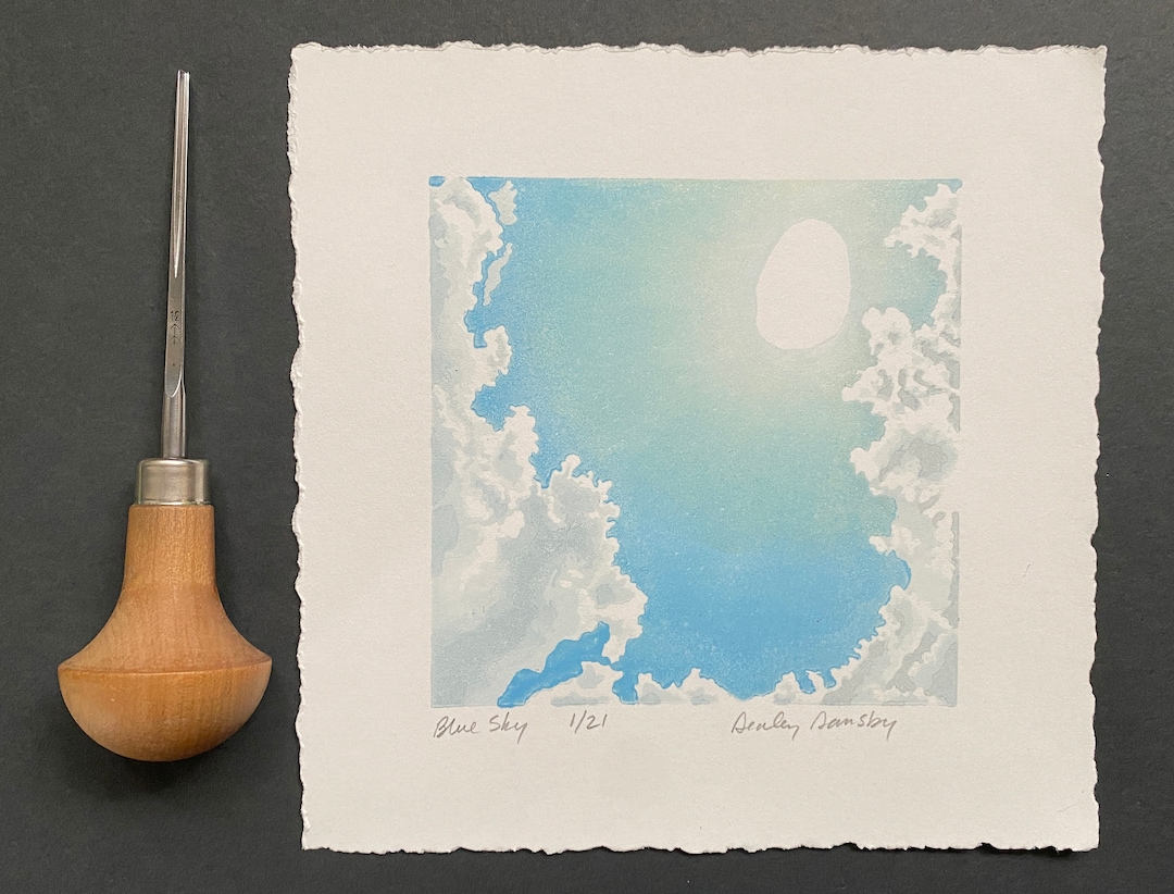 Blue Sky, Limited Edition Reduction Lino Print, Sky Scape, Clouds - Etsy