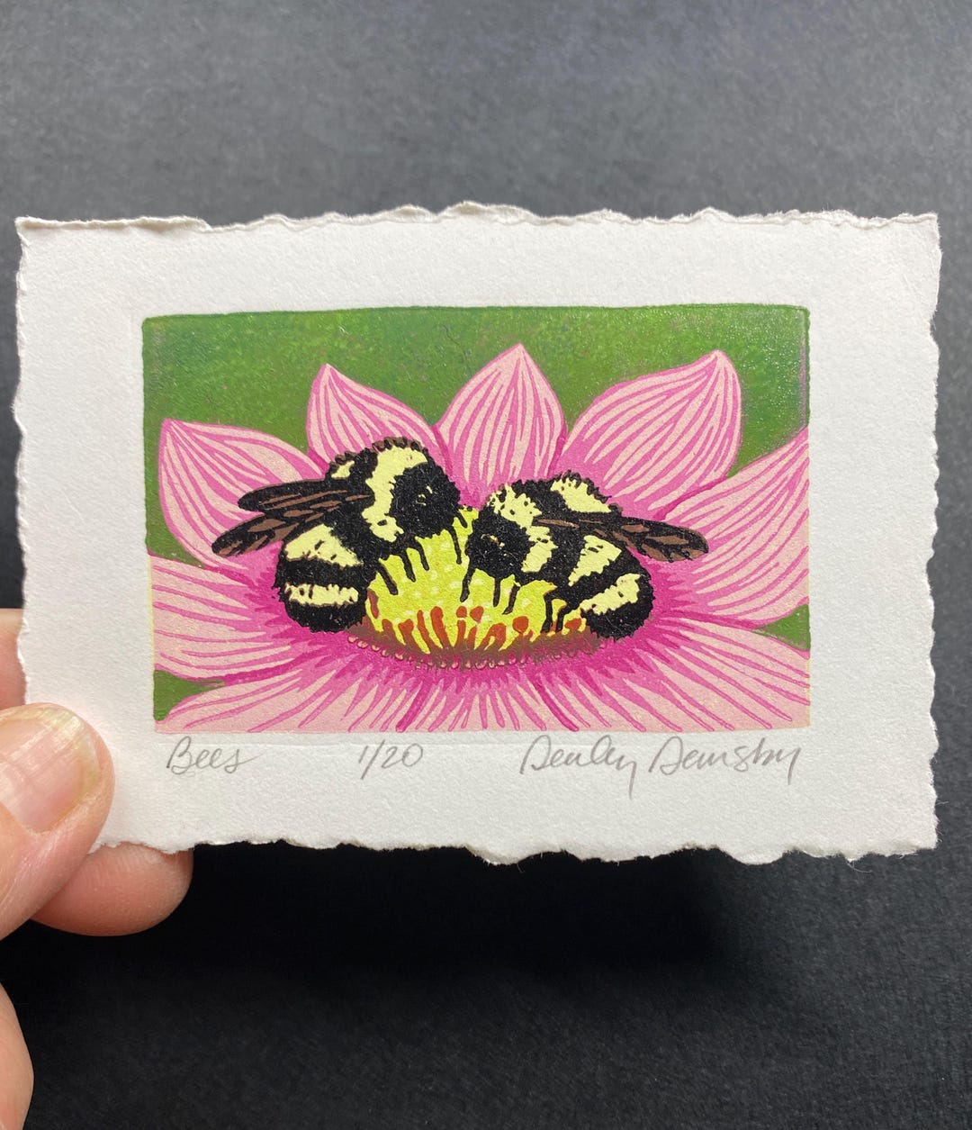 Bees, Limited Edition Reduction Lino Print, Bees and a Flower - Etsy