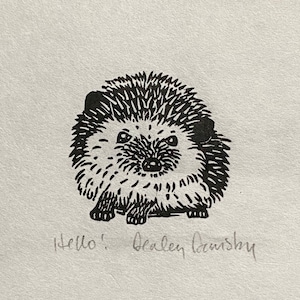 Hello! Hedgehog Lino Print, Handmade Print - Etsy