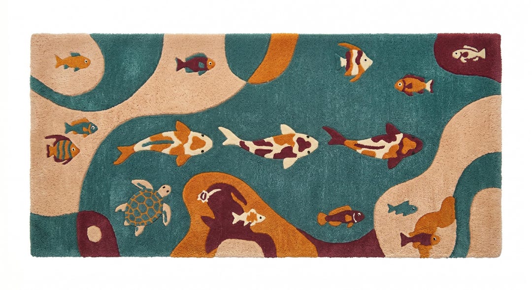 3D Hand Tufted Koi Fish Rug, Abstract Ocean Wave Area Rug, Nature ...