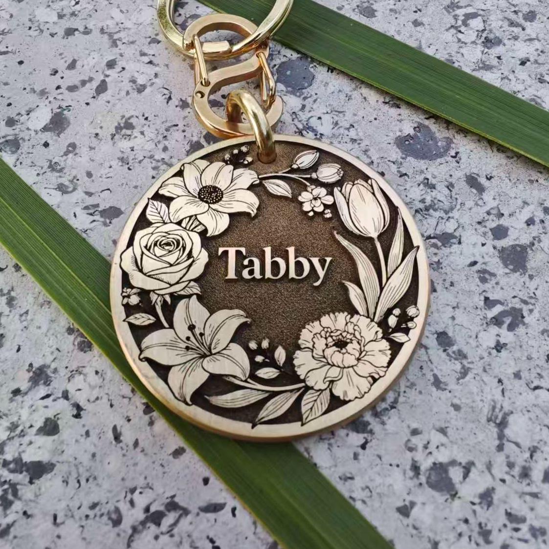 Personalized Brass Pet ID Tag | Rose Lily Pastoral Engraved Name ...