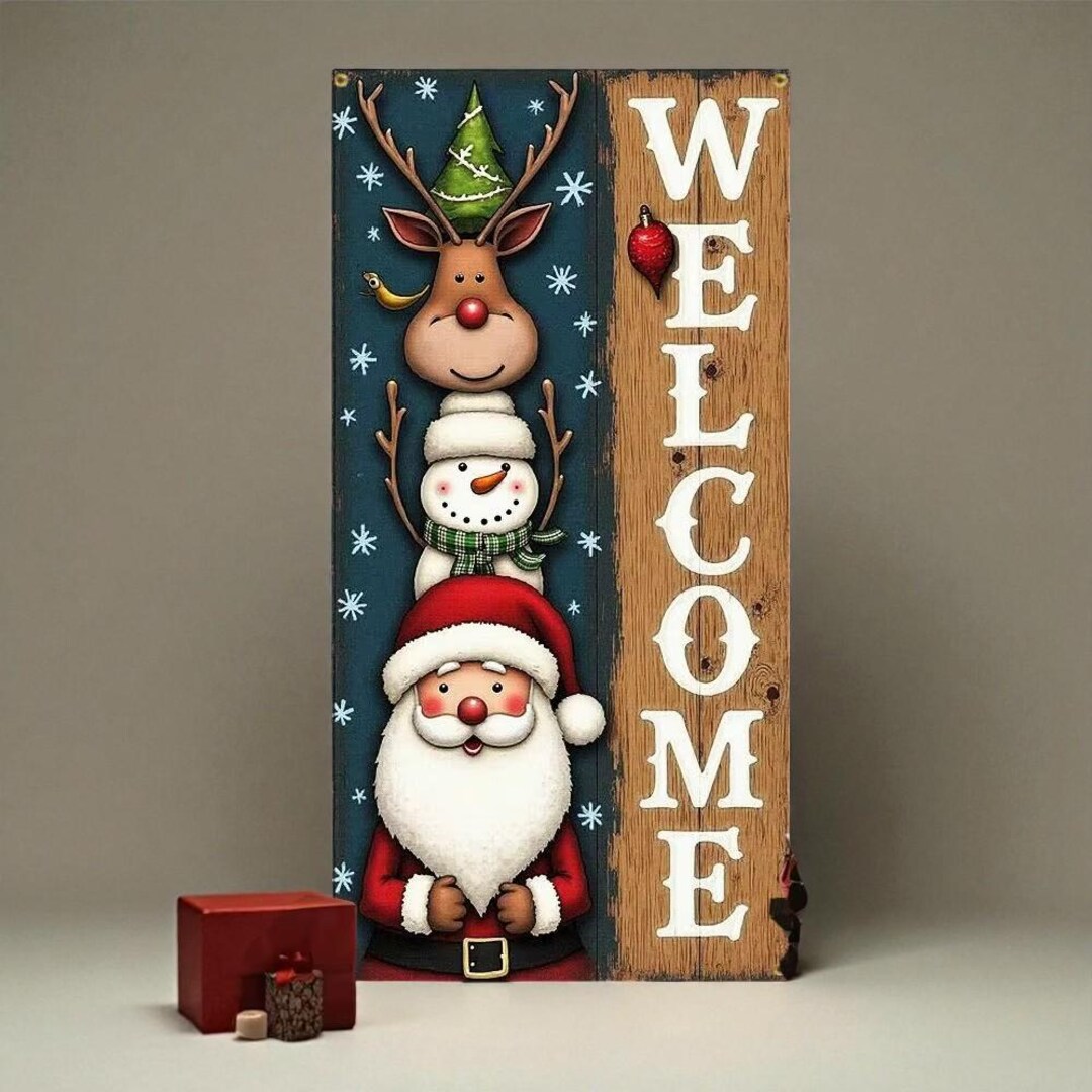 Flat Christmas Welcome Banner, Santa Reindeer Snowman Door Hanging ...