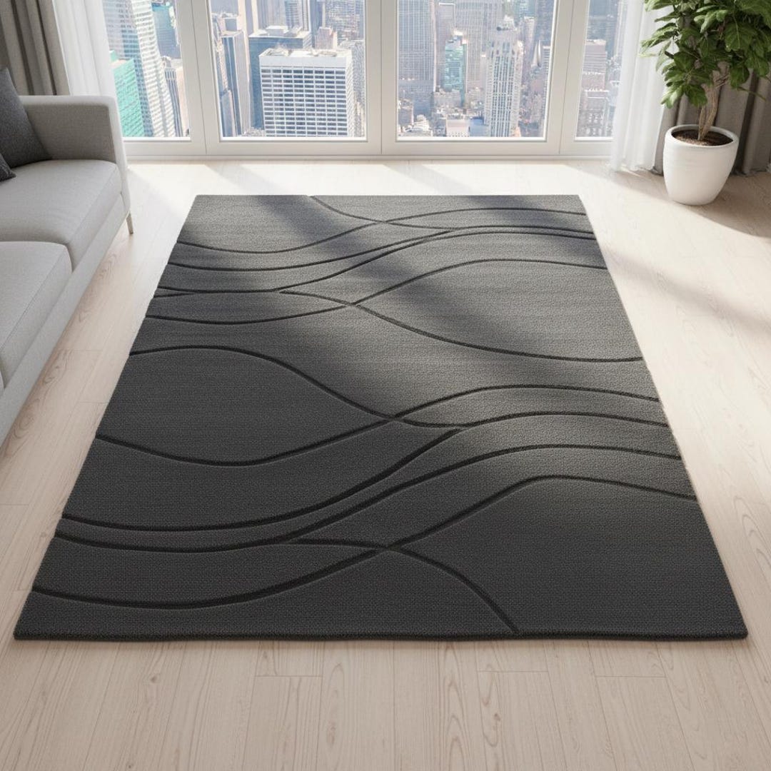 Modern Grey Abstract Area Rug – Contemporary Wave Living Room Carpet ...