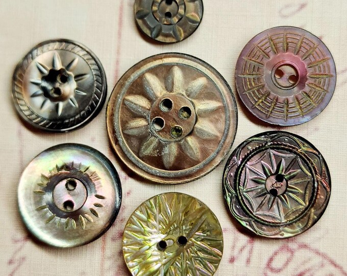 7 Mixed Antique Smoky Oyster Shell Buttons ~ Carved Mother of Pearl MOP ...