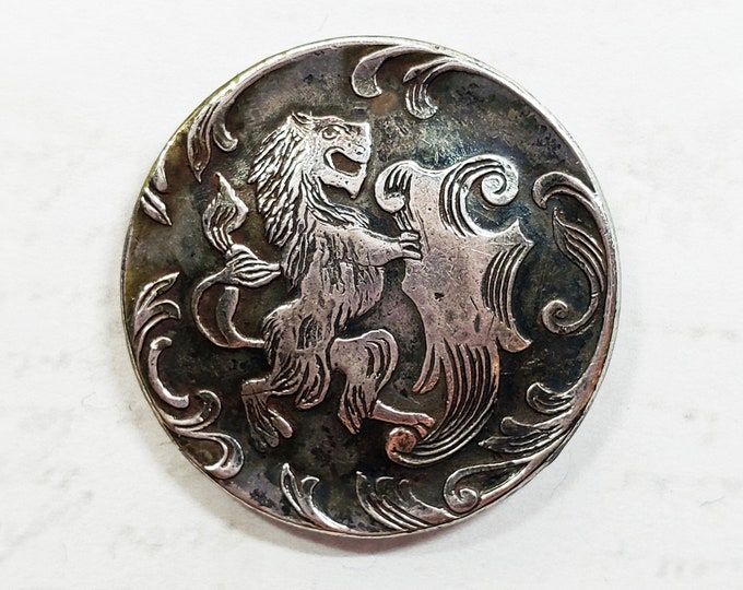 Rampant Lion With Shield ~ Vintage Sterling Silver Picture Button ...