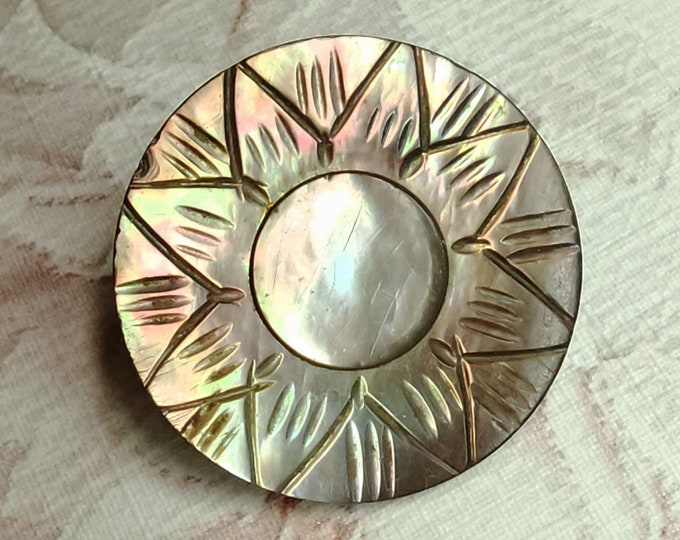 Antique Carved Smoky Oyster Shell Button ~ Stylized Flower or Sun ...