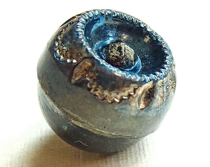 Antique Black Glass Charmstring Ball Button ~ Silver & Turquoise Luster ...