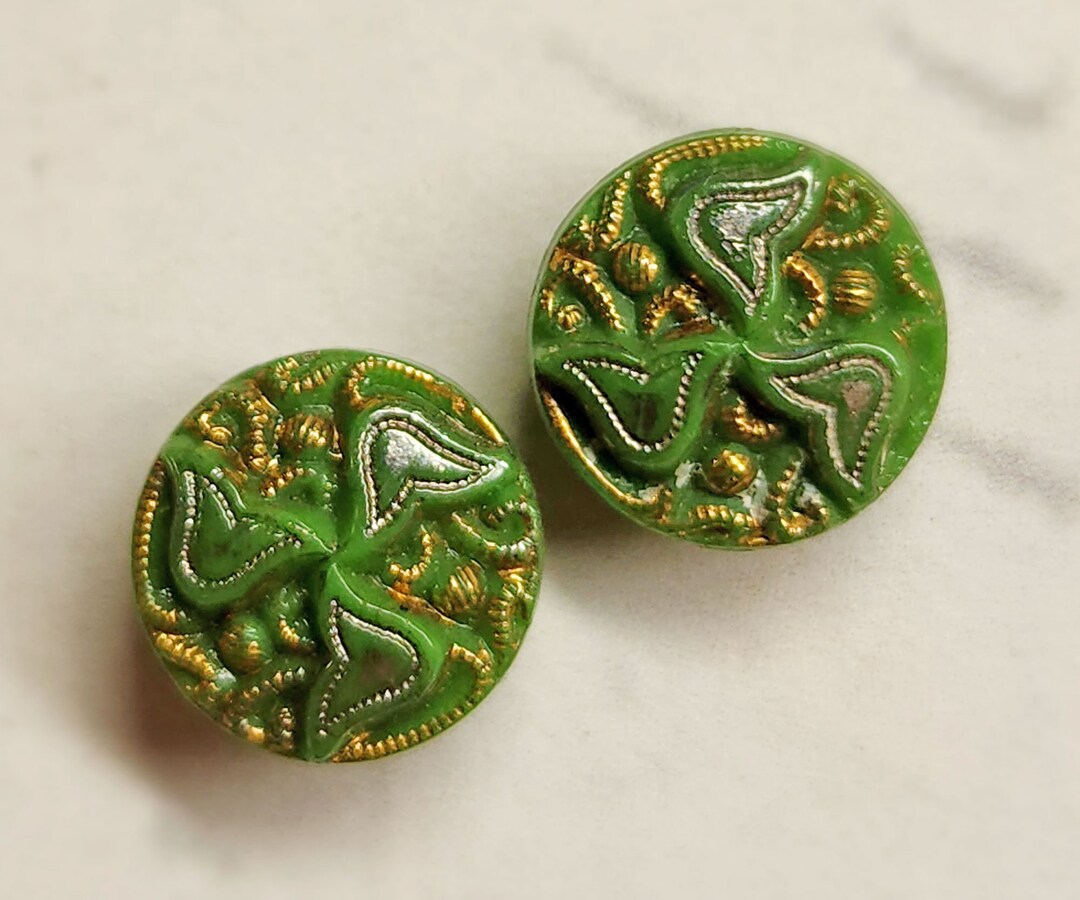 Set of 2 Green Glass Sewing Buttons W/ Relief Triad of Tulip Flowers ...